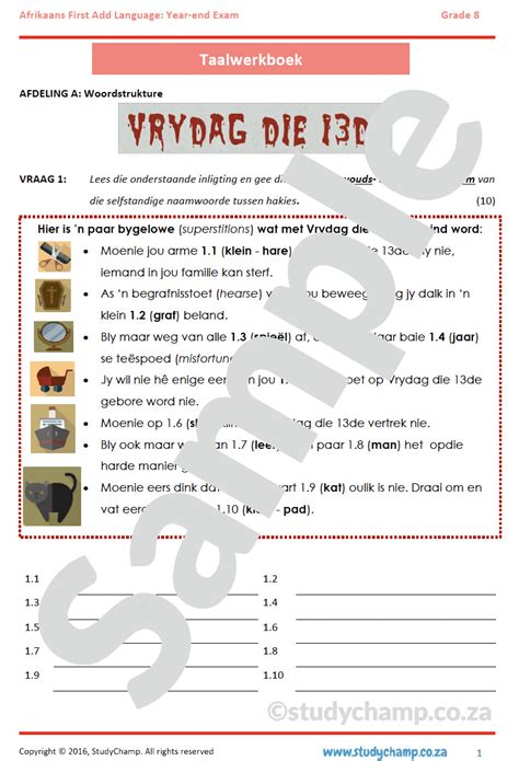 Grade 8 Afrikaans Year End Exam Revision Taalwerkboek