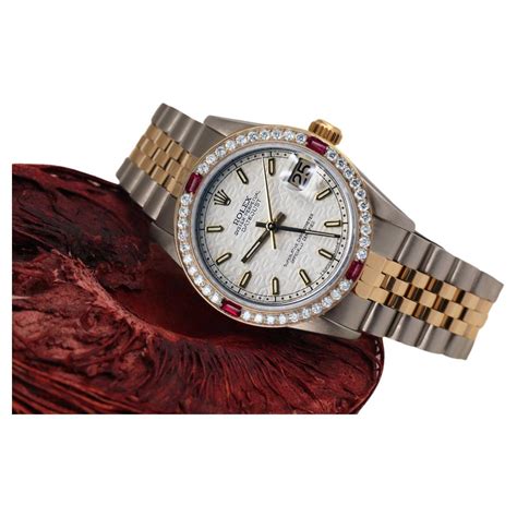 Rolex 31mm Datejust Cream Index Dial Diamond Ruby Bezel Two Tone Watch