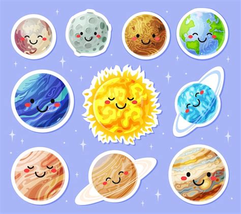 Autocollants De Planète Planètes De Dessin Animé Avec Des Visages