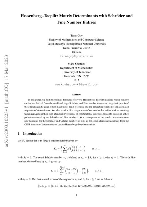 pdf hessenberg toeplitz matrix determinants with schroder and fine number entries