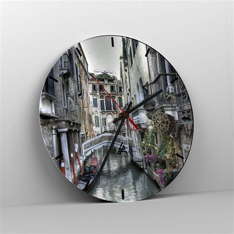 Horloge Murale En Verre 30x30cm Silencieuse Venise Pont Eau Wall Clock