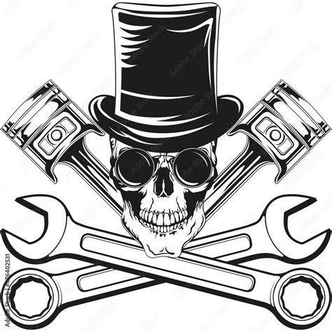 Steampunk Mechanic Logo SVG Design With A Skull In A Top Hat Crossed