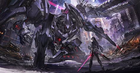 Mecha Vs Girl Battle Mecha Girl Anime Sword Hd Wallpaper Peakpx