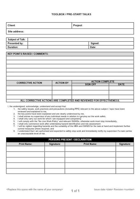Printable Toolbox Talk Template