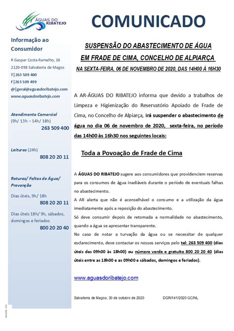 INFORMAÇÃO À POPULAÇÃO Suspensão do Abastecimento de água no Frade de