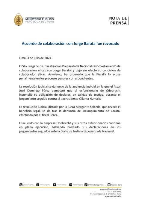 Barata Pj Revoc Acuerdo De Colaboraci N Eficaz Canal N