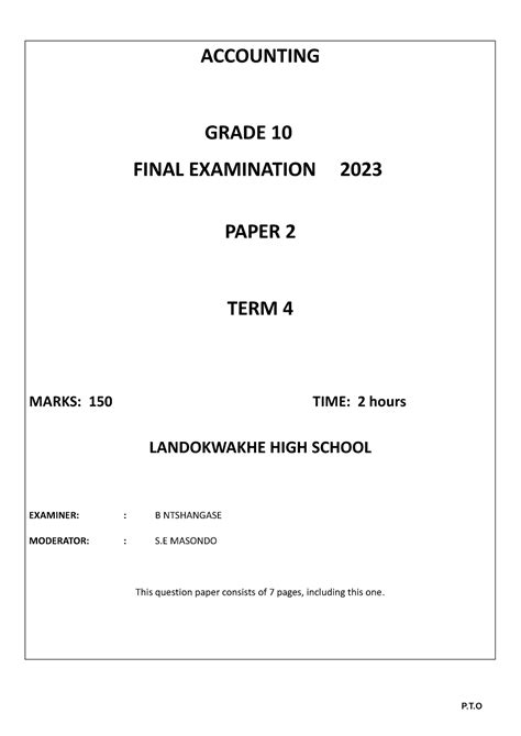 Accounting P Accounting Grade Final Examination Paper Term