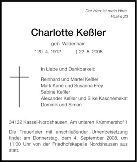Traueranzeigen von Charlotte Keßler Trauer HNA de