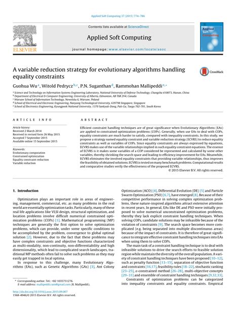 pdf a variable reduction strategy for evolutionary algorithms handling equality constraints
