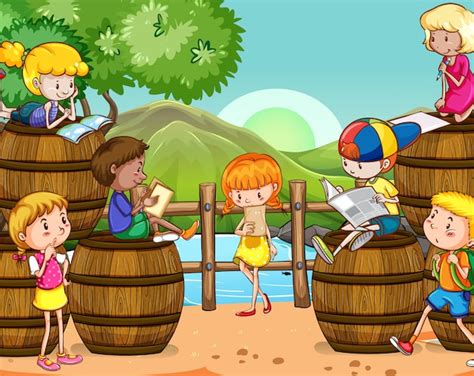 Escena con muchos niños leyendo libros en el parque Vector Gratis