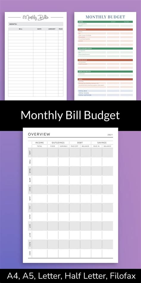 Monthly Budget Printable Template Personal Budget Planner Insert A4