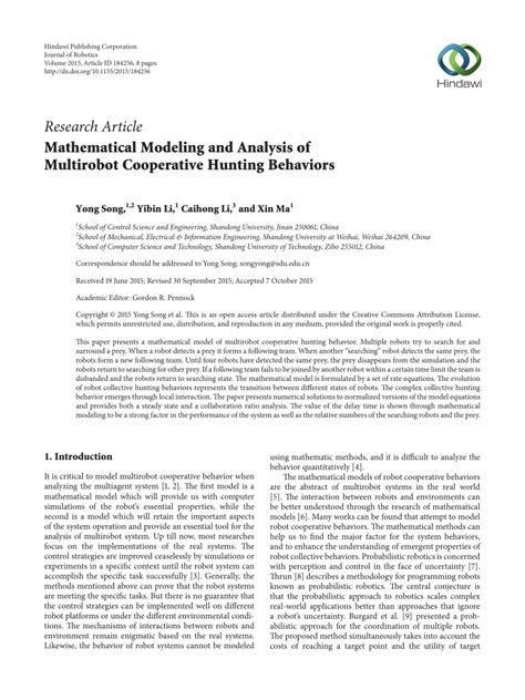 pdf mathematical modeling and analysis of multirobot cooperative hunting behaviors