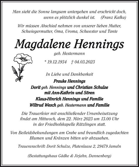 Das Trauerportal für Lüchow Dannenberg Todesanzeigen Magdalene Hennings