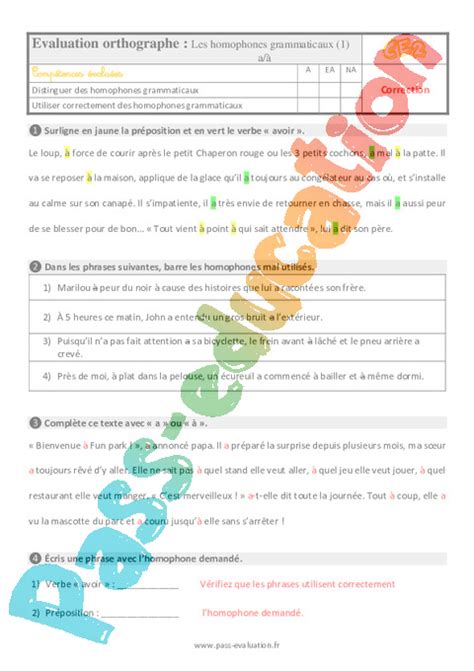 Bilan sur les homophones grammaticaux a à au Ce2 Evaluation avec la
