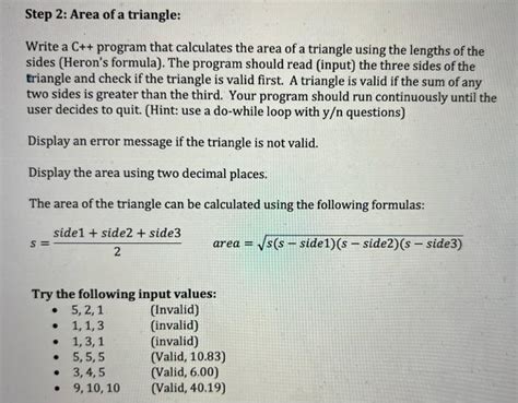 solved step 2 area of a triangle write a c program that