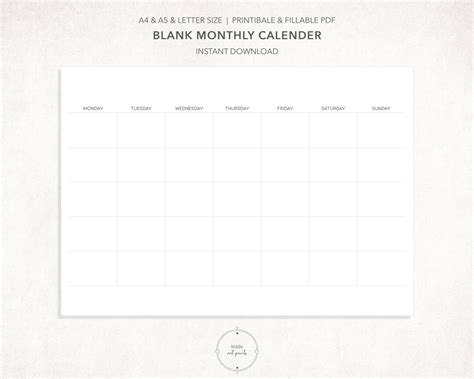 Blank Monthly Calendar Printable Landscape Calendar Minimalist Calendar