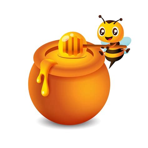 Abeja linda de dibujos animados que lleva un cucharón de miel para