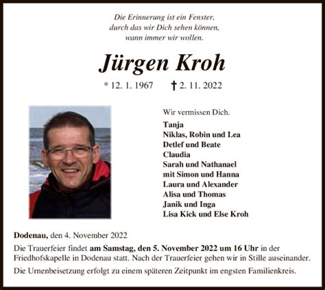Traueranzeigen von Jürgen Kroh Trauer HNA de