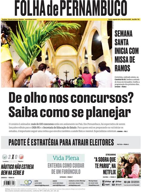 Capa Folha de Pernambuco Edição Segunda 11 de Abril de 2022
