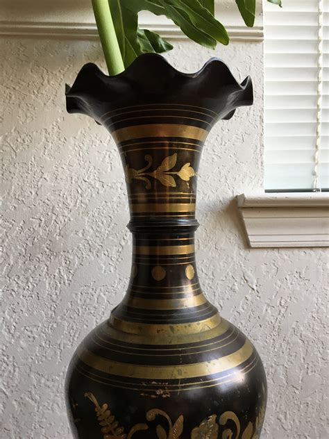 LARGE Vintage Indian Brass Etched Floor Vase With Water Birds Cranes
