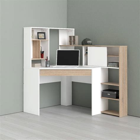 Bureau d angle avec bibliothèque coloris blanc et chêne 138 x 141 x