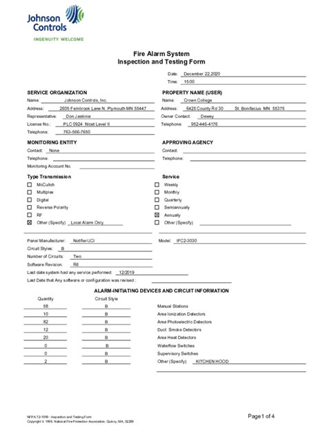 Fillable Online Fire Alarm System Inspection And Testing Form Fax Email