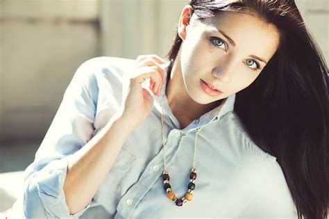 Hd Wallpaper Women Emily Rudd Brunette Model Blue Eyes Long Hair Necklace Looking At Viewer
