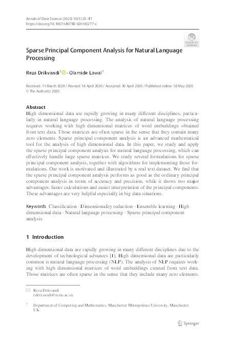 Sparse Principal Component Analysis For Natural Language Processing