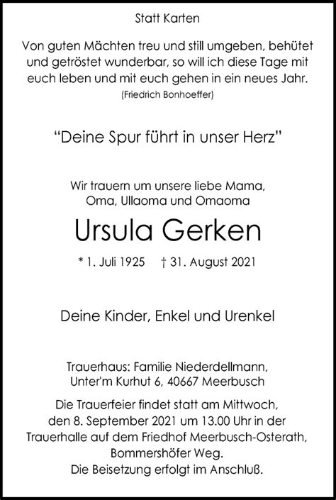 Traueranzeigen Von Ursula Gerken Trauer In NRW De