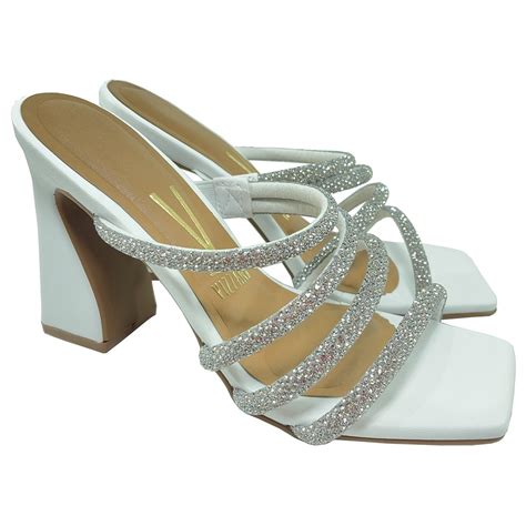 Tamanco Vizzano Tiras Strass Salto Alto Feminino Branco Branco