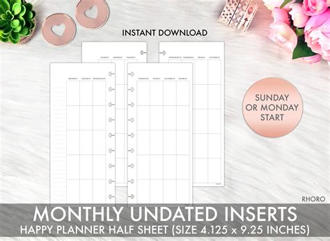 SKINNY HALF SHEET Happy Planner Printable Inserts Monthly Etsy