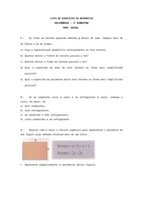 DOC Web viewLISTA DE EXERCÍCIOS DE MATEMÁTICA POLINÔMIOS 1O