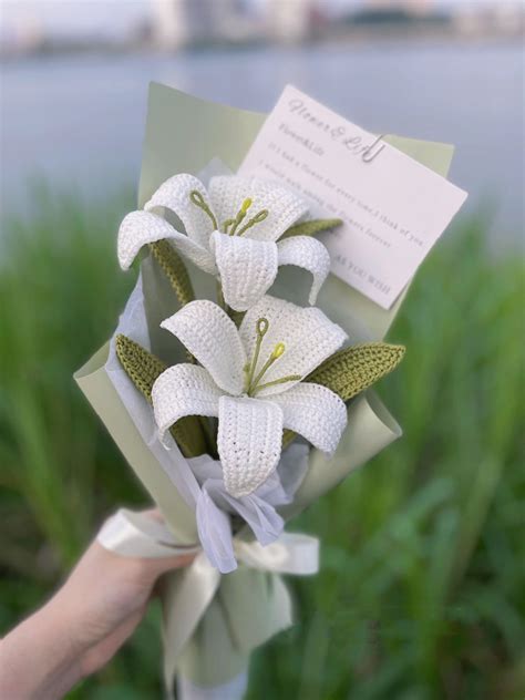 Valentine S Day Gift Crochet Bouquet White Lily Handmade Flower