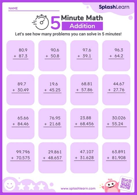 Add Decimals Less Than 100 Vertical Timed Practice Printable