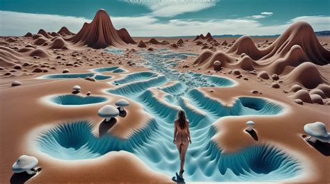 Surreal Psychedelic Landscape Nude Woman Amidst Crystalline Mineral