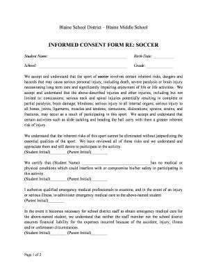 Fillable Online Blaine Wednet INFORMED CONSENT FORM RE SOCCER