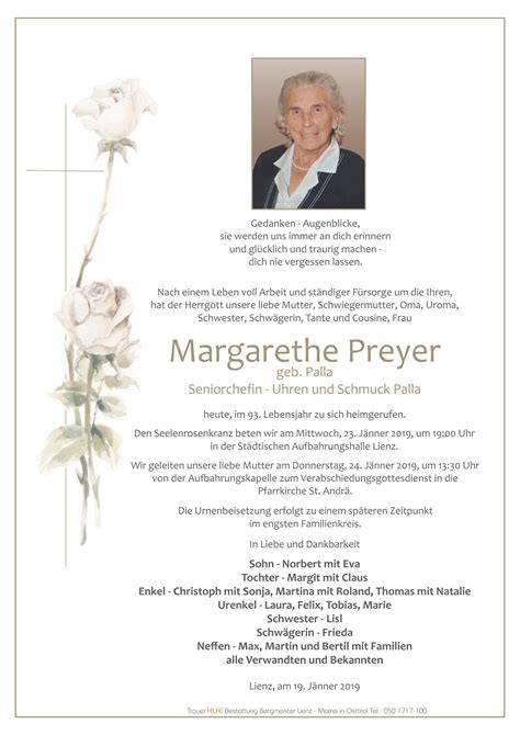 Todesanzeige Margarethe Preyer Trauer Link