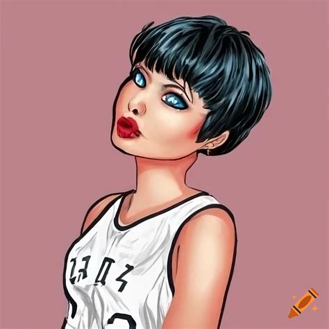 Comic Book Girl With Pixie Cut Black Hair In A White Basketball Jersey Laying In Bed On Craiyon