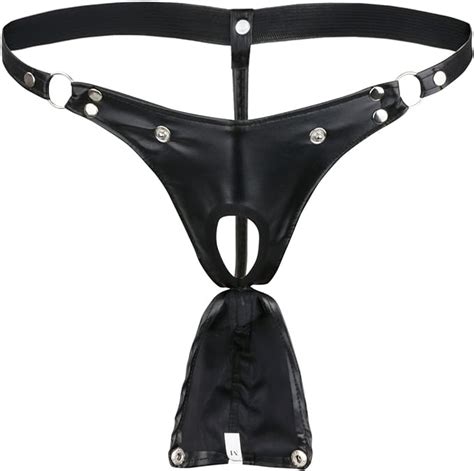 Ranrann Sexy String Ficelle Homme Ouvert Tanga Faux Cuir Bulge Pouch