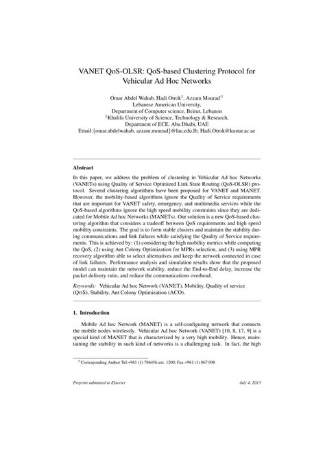 pdf vanet qos olsr qos based clustering protocol for vehicular ad hoc networks