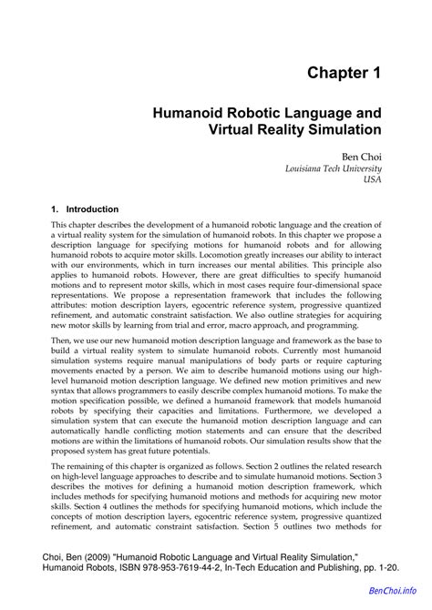 pdf humanoid robotic language and virtual reality simulation