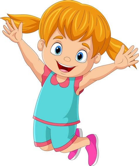 Dessin Animé Heureux Petite Fille Sautant Vecteur Premium