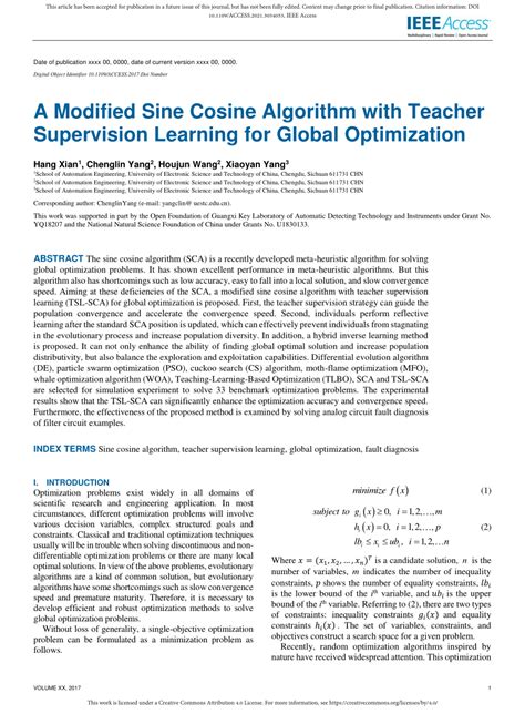 pdf a modified sine cosine algorithm with teacher supervision learning for global optimization