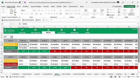 Planilha de Controle de Recebimento de Comissões em Excel 6 0 Vizual