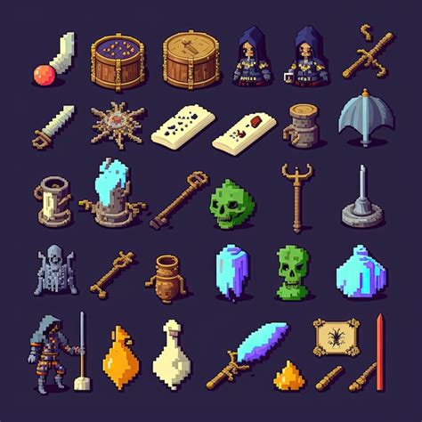 8비트 스타일 Ai의 Rpg 게임 복고풍 아이콘을 위한 Rpg 게임 아이템 컬렉션의 픽셀 아트 세트 프리미엄 사진