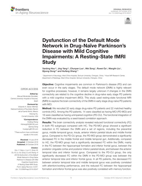 pdf dysfunction of the default mode network in drug naïve parkinson s disease with mild