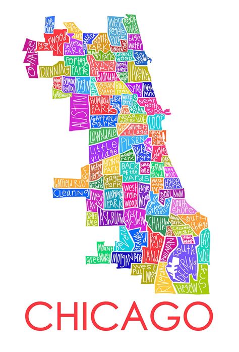 Chicago City Neighborhood Hand Drawn Map Print Etsy