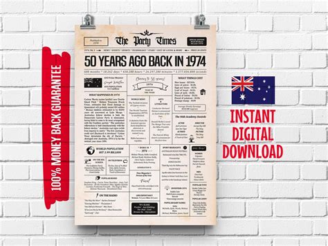 1974 50th Australian Birthday Newspaper Sign 50th Birthday Gift For Men
