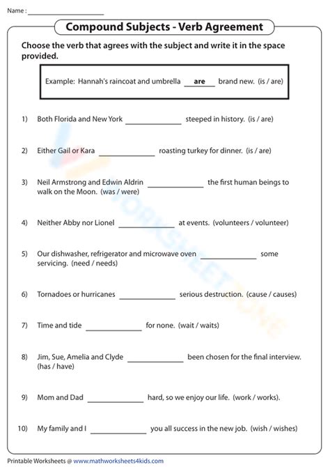 Compound Subjects With Verbs Worksheet
