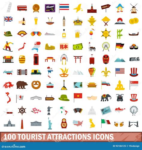 100 Iconos Fijados Estilo Plano De Las Atracciones Turísticas